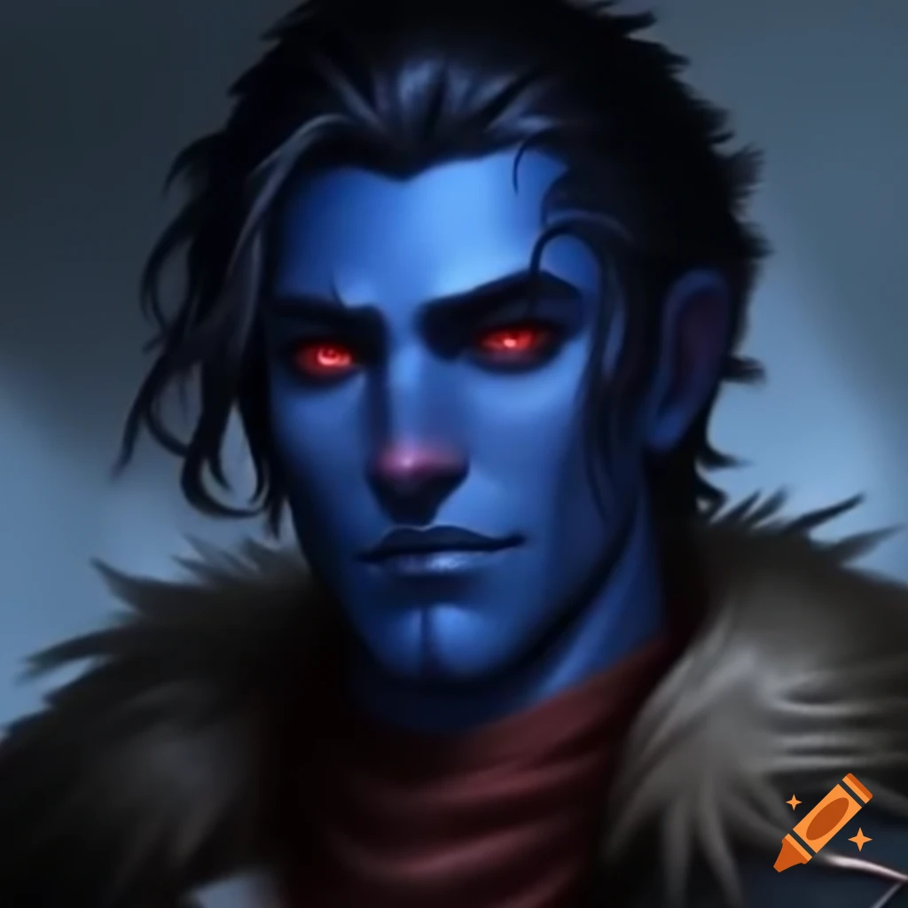 Male character with blue skin, red eyes, and brown adventuring gear on ...