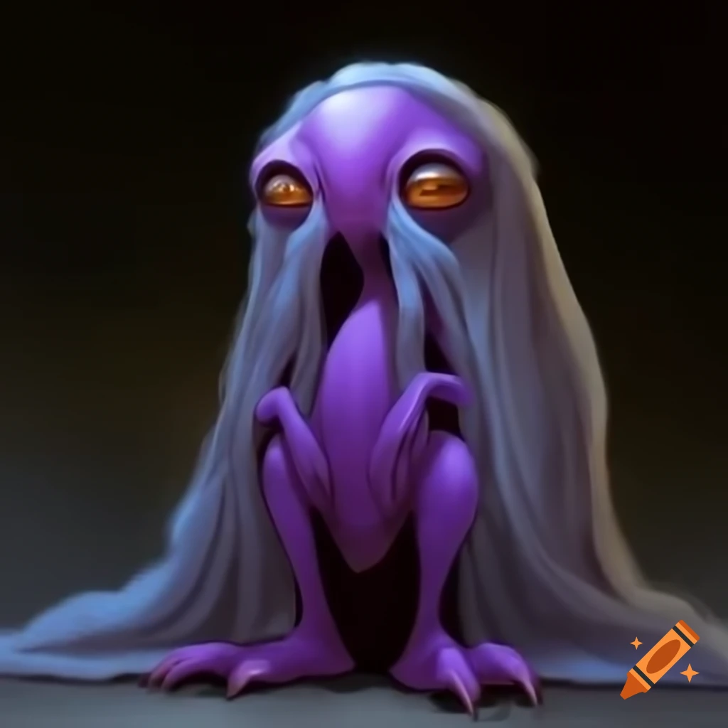 Ancient purple aliens resembling snails with thick legs and long white ...