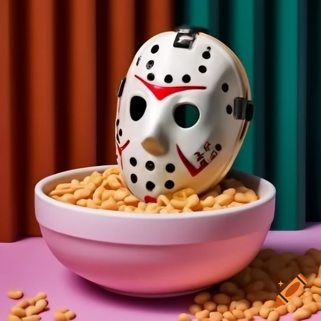 Jason Voorhees mask in bowl of pastel colored Lucky Charms cereal on ...