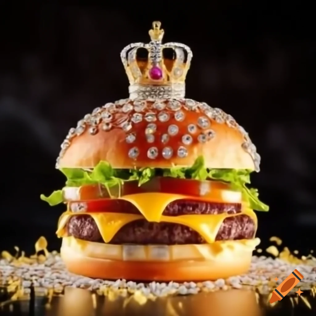Luxury burger with gemstone toppings and crown-shaped bun on Craiyon