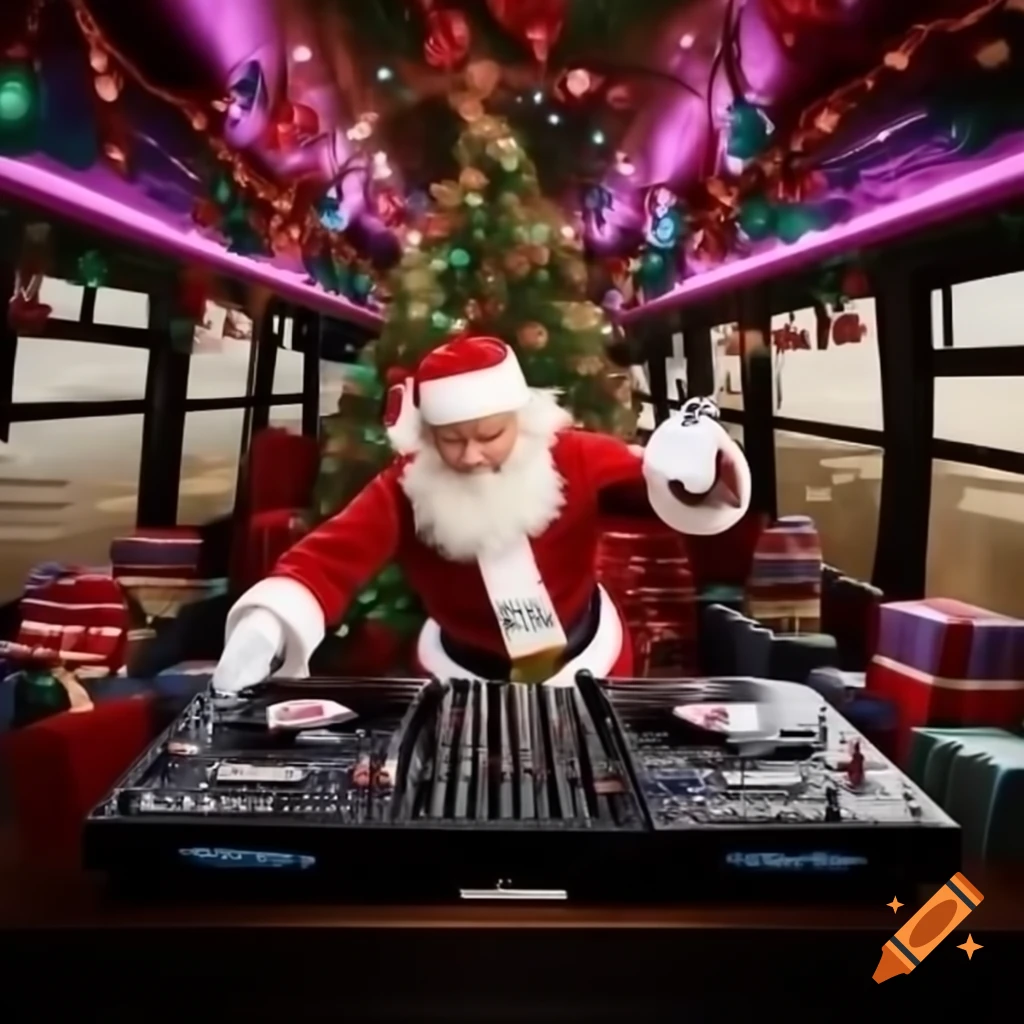 Santa DJ spinning music on festive party bus with Christmas tree and decorations on Craiyon