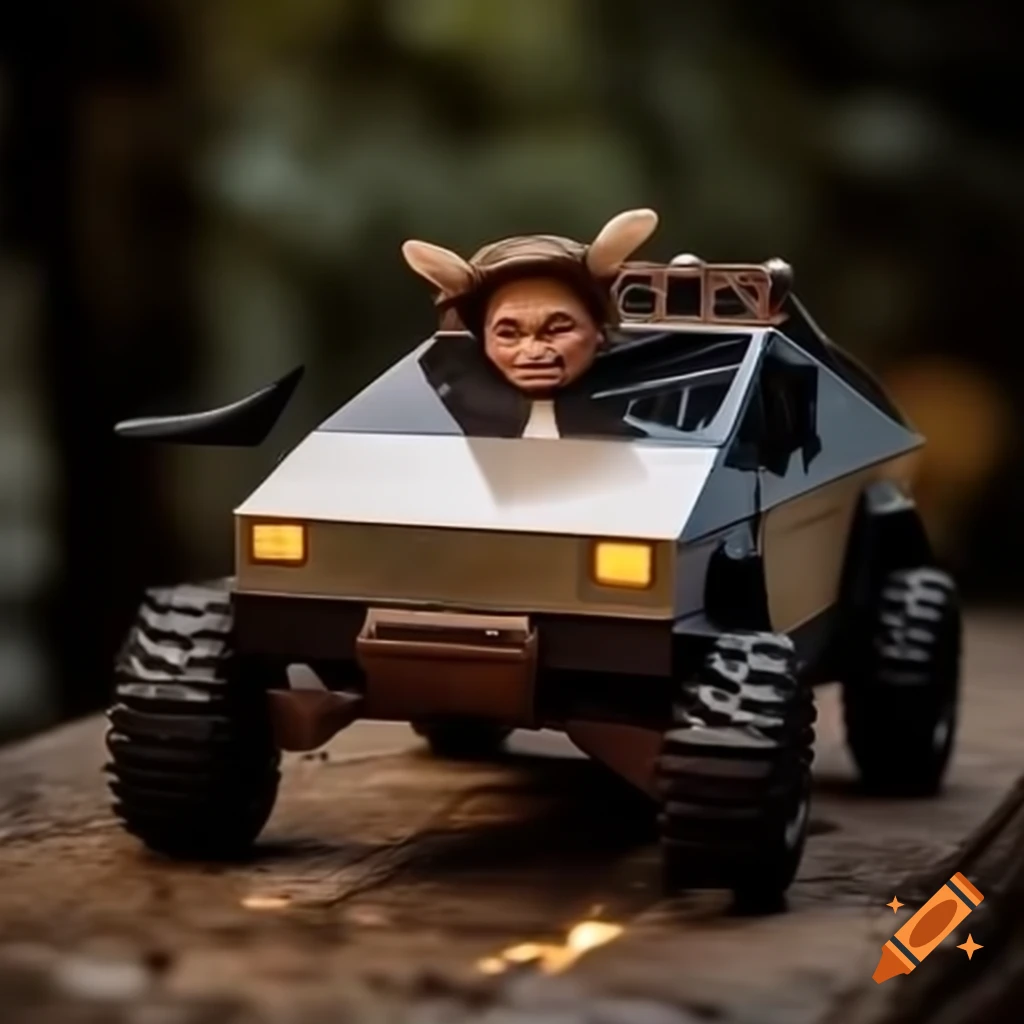 Detailed ventriloquist dummy driving a burning rusty Tesla CyberTruck ...