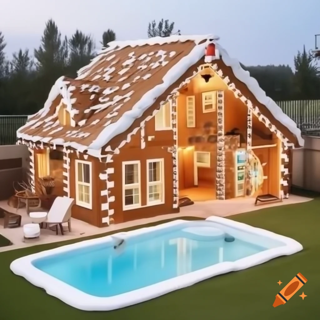 Gingerbread house with multiple bedrooms and an outdoor pool on Craiyon