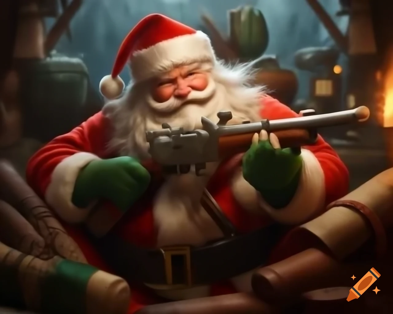 Santa in World War I uniform playfully aiming toy machine gun at elves ...