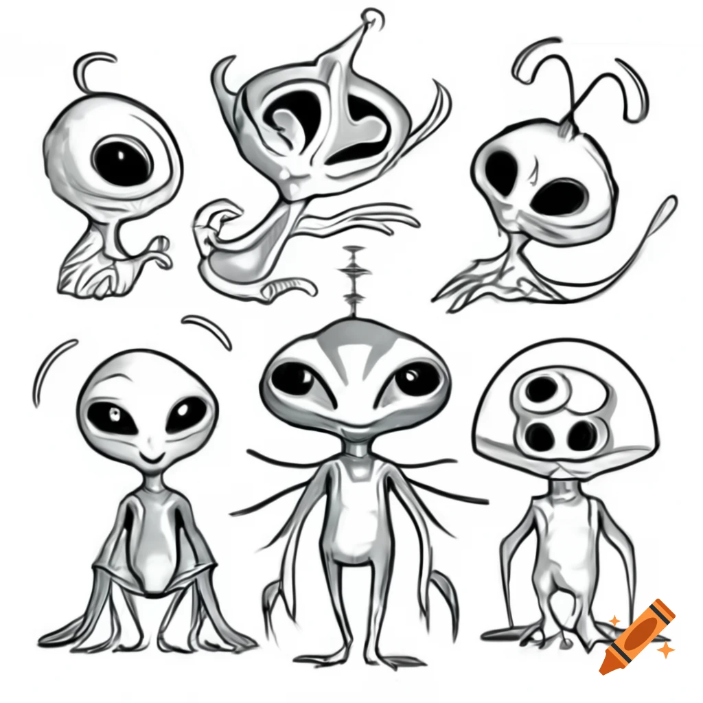 Black and white line drawing of friendly aliens with unique features on ...
