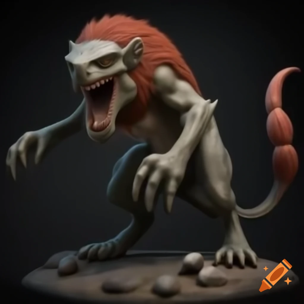 Manticore from persian legend, red lion body with human face and sharp ...