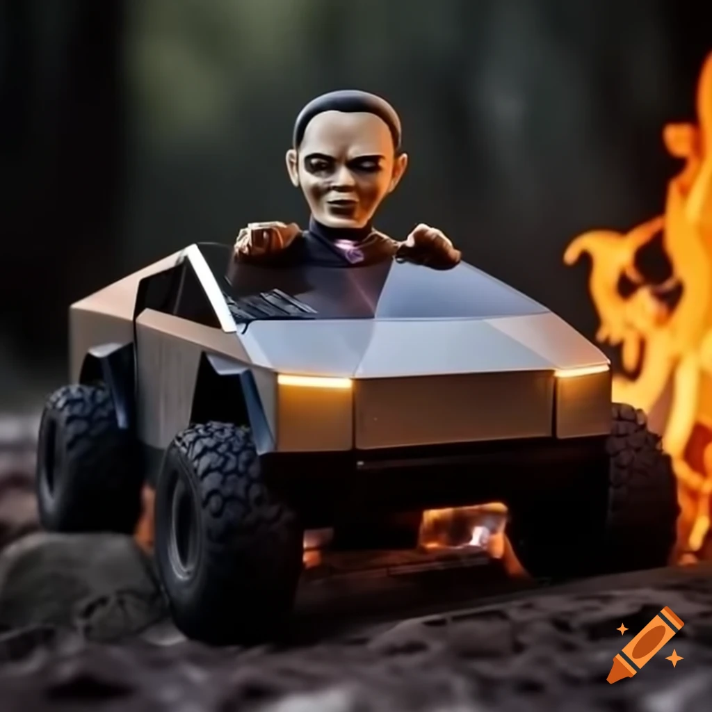 Ventriloquist dummy resembling a scary oligarch next to burning rusty ...