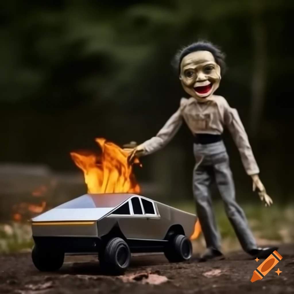 Hyper-realistic dummy resembling a disgruntled figure next to burning ...