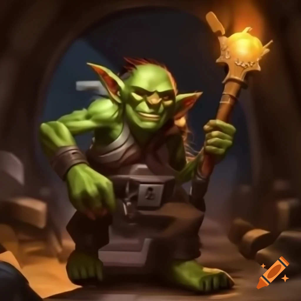 Mischievous goblin with pickaxe in dungeon, reflecting gleam of gold on ...