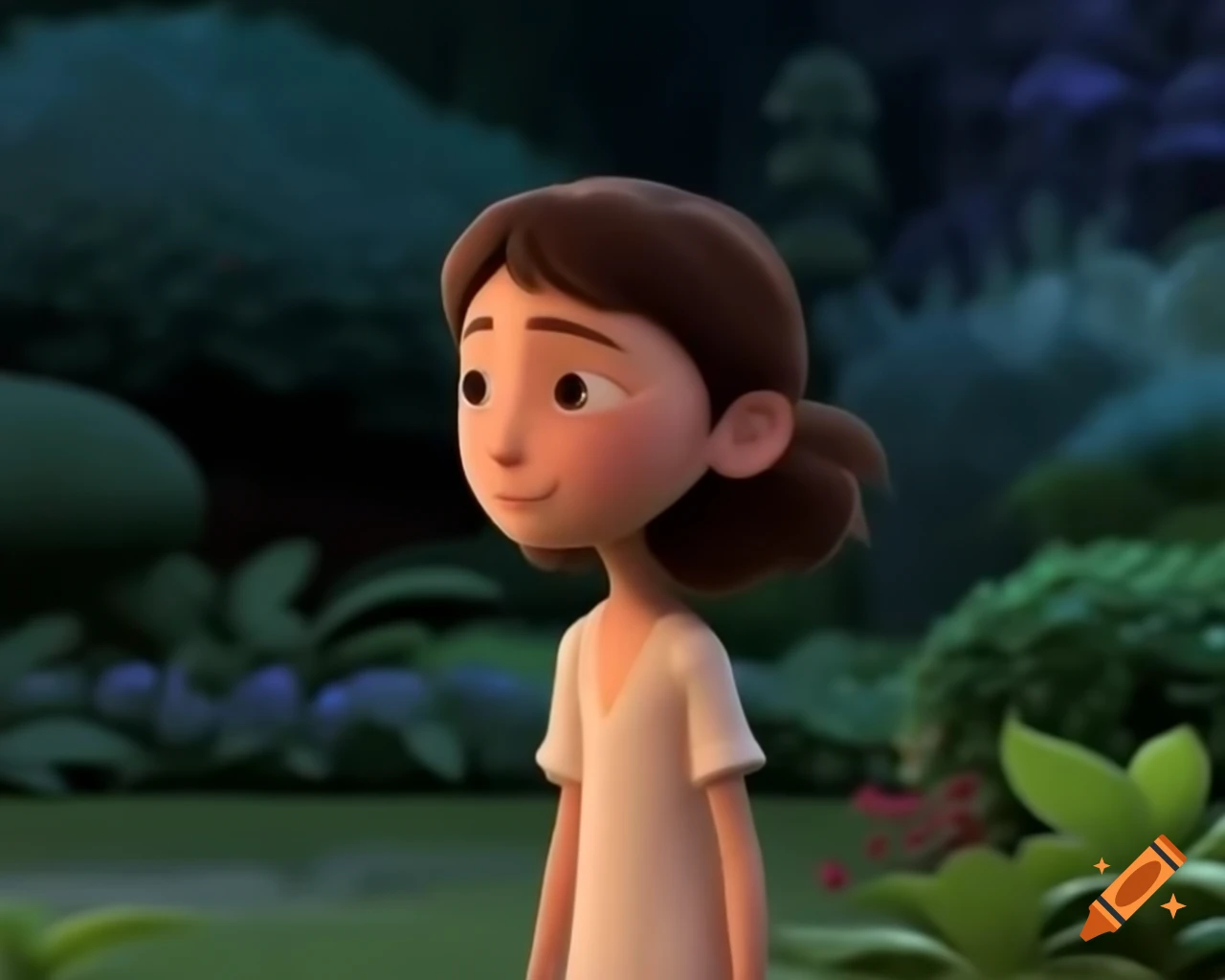 Animated character Zara in garden wearing Eid dress, gazing at the moon ...