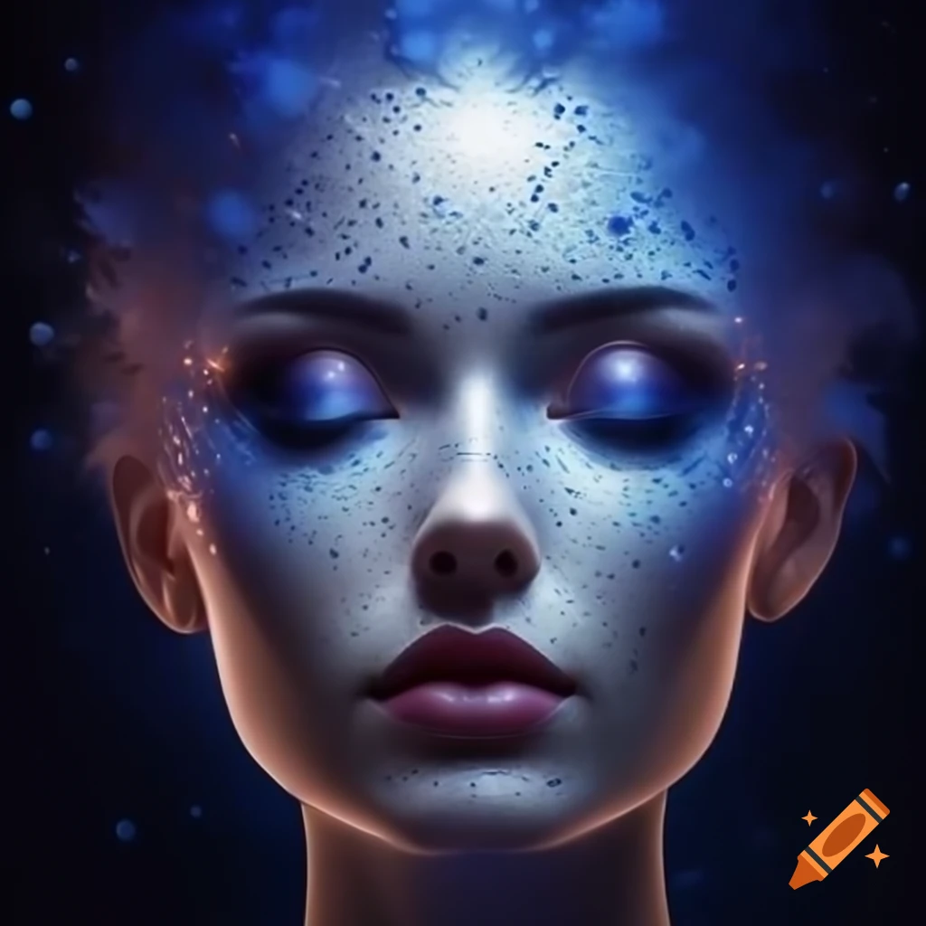 Ethereal portrait of a woman's face dissolving into light particles on ...