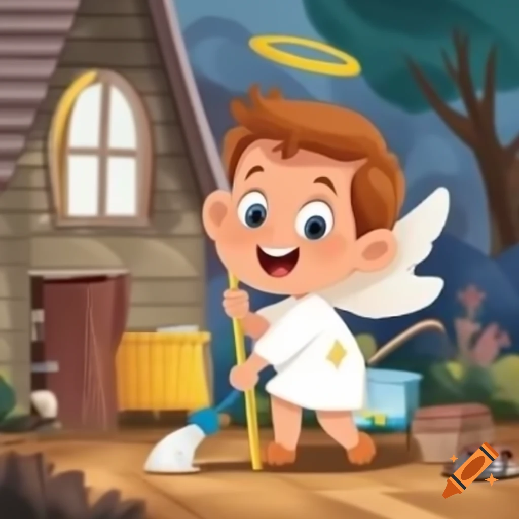 Boy angel cleaning the house on Craiyon