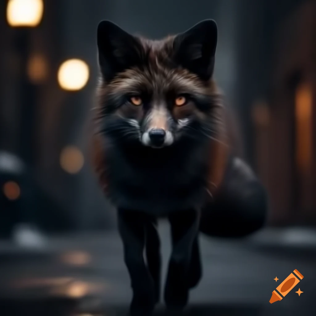 Black-furred fox walking on snowy city street at night on Craiyon