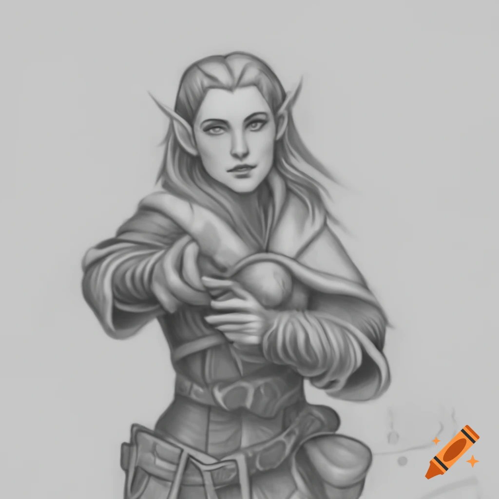 Detailed pencil sketch of female elf cleric with extended hands on Craiyon