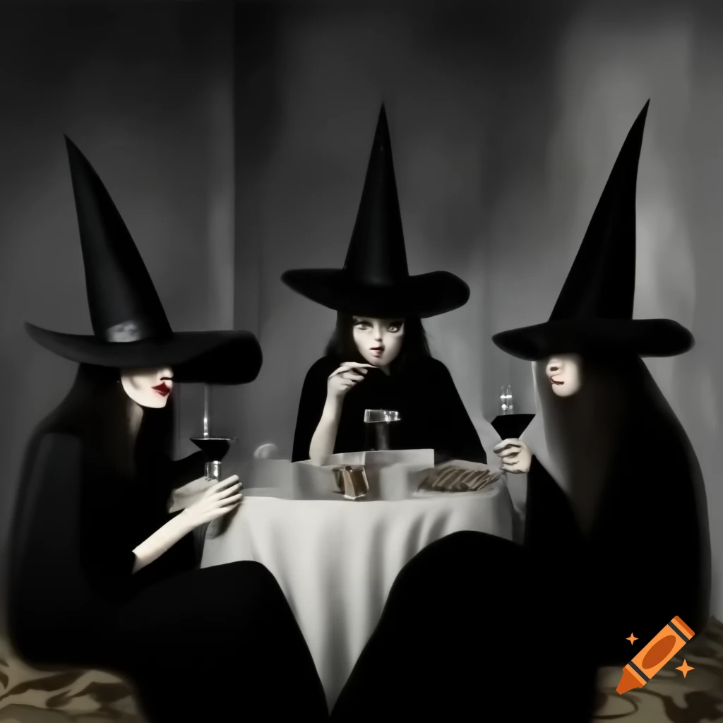 Old witches in black hats sitting around table drinking wine, black and ...