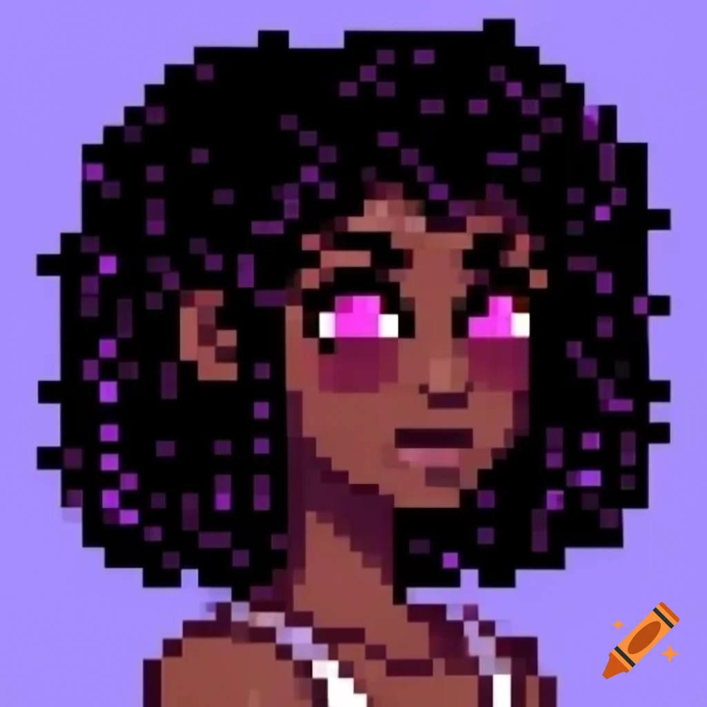 Anime girl with dark skin and curly hair in pixel art style on Craiyon