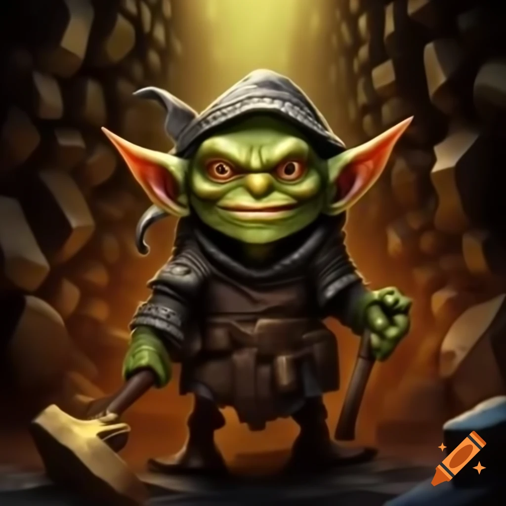 Mischievous goblin with pickaxe in dungeon, reflecting gleam of gold on ...