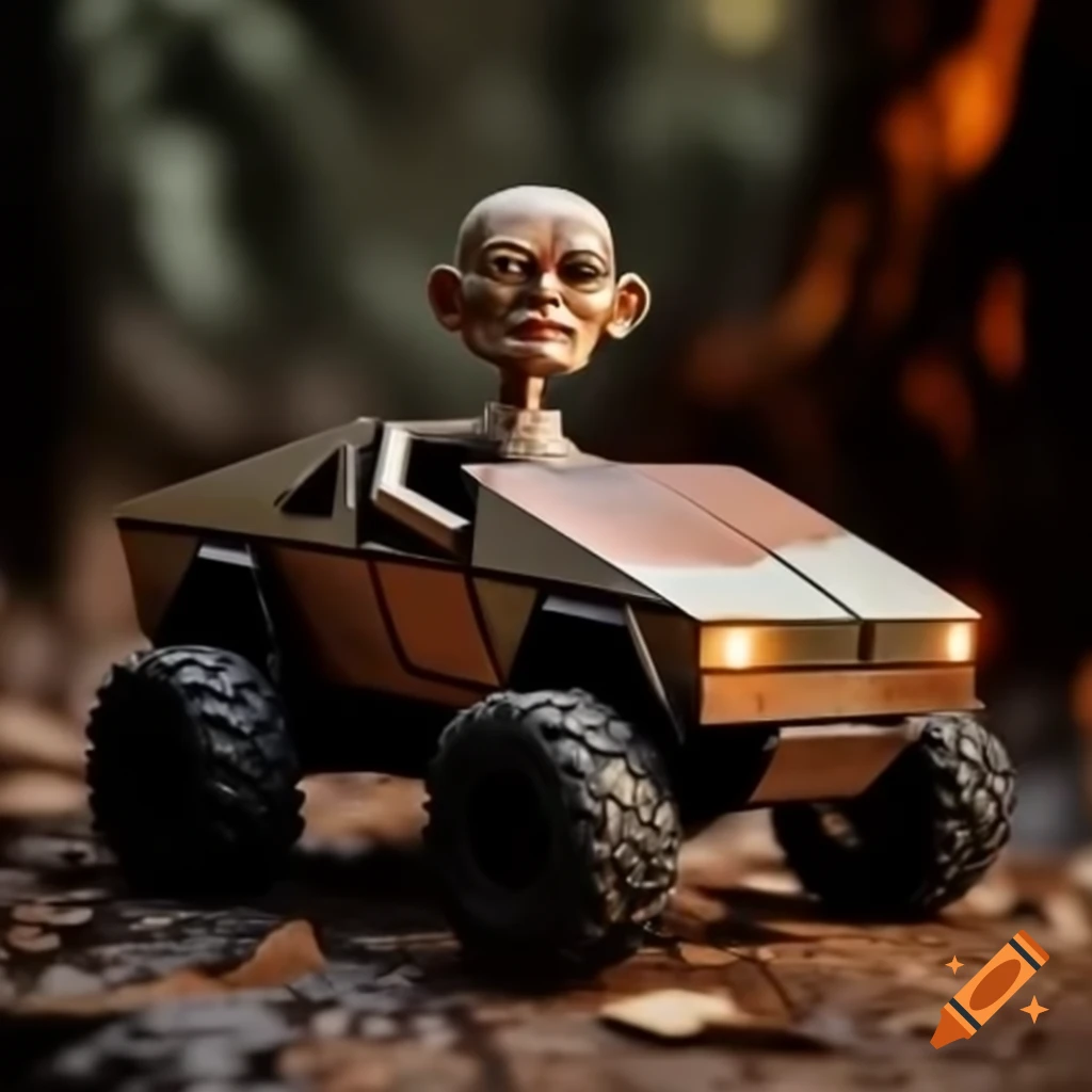 Ventriloquist dummy resembling a scary oligarch next to burning rusty ...