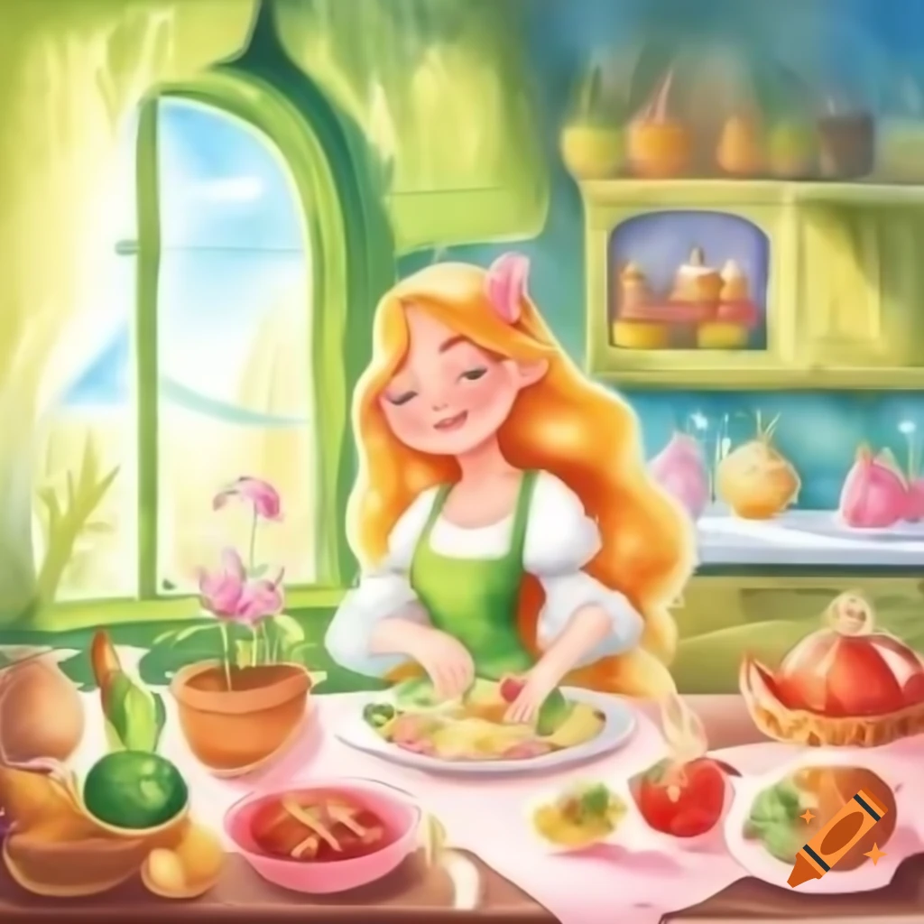 Fairy princess cooking in beautiful kitchen with idyllic scenery, soft ...