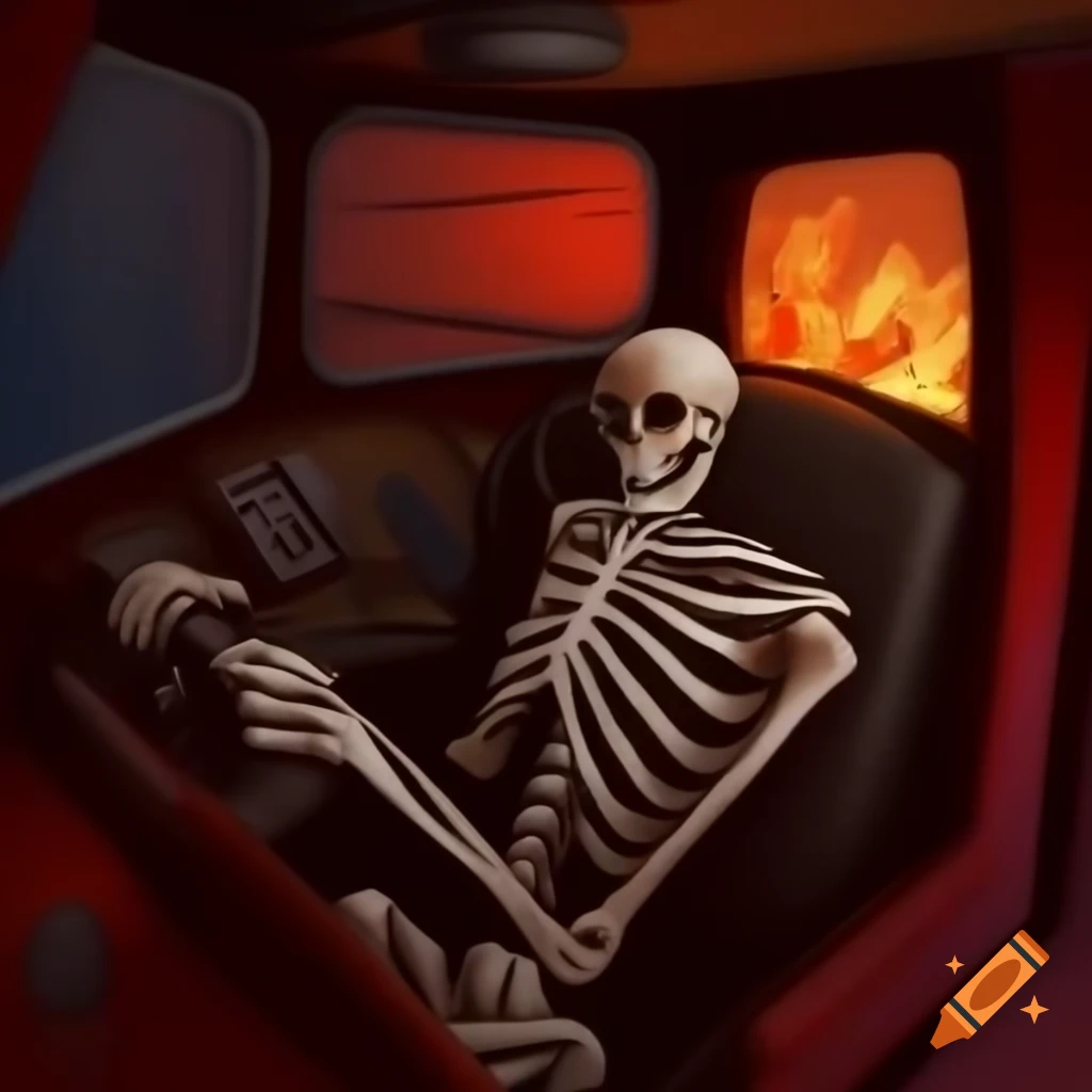 Skeleton driving a fire engine on Craiyon