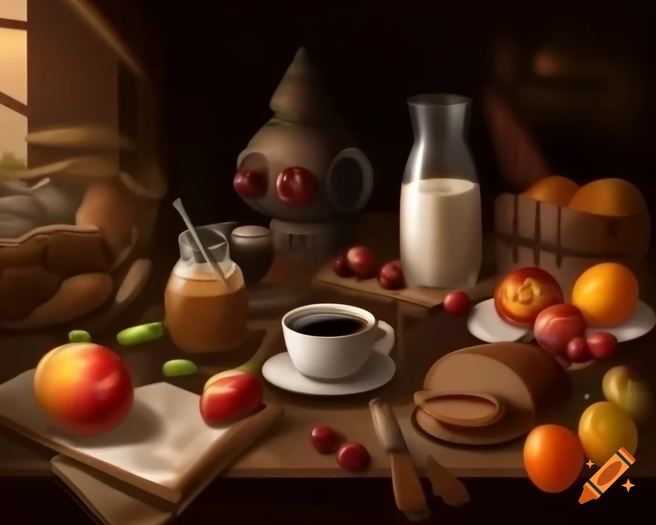 Fantasy table setting with milk, coffee, fruit juices, and bread in ...