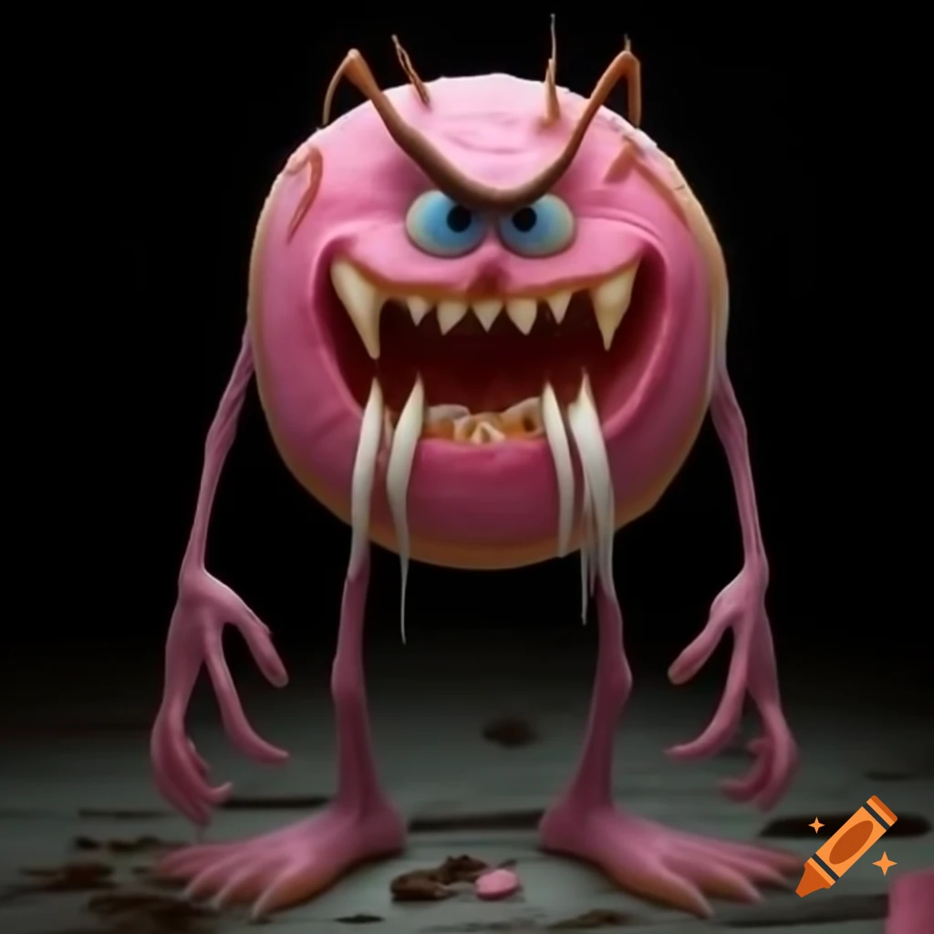 Sinister smiling pink donut with sharp teeth and blue eyes on Craiyon