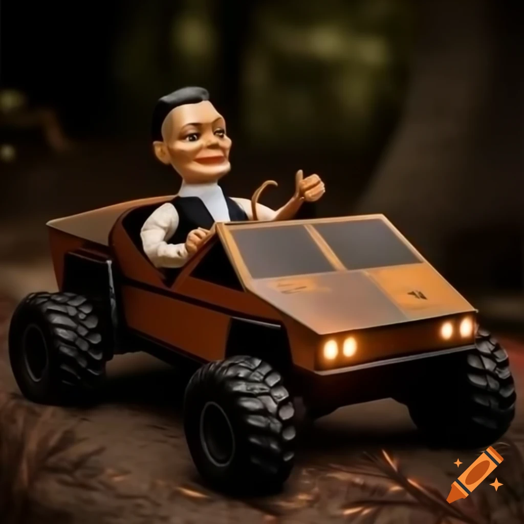 Ventriloquist dummy doll next to burning rusty Tesla CyberTruck, hyper ...