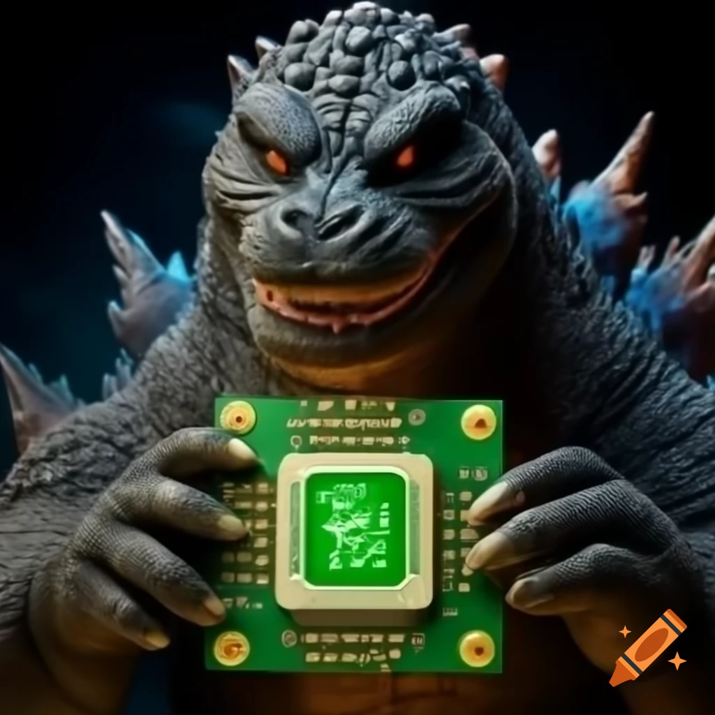 Friendly godzilla holding a computer chip on Craiyon