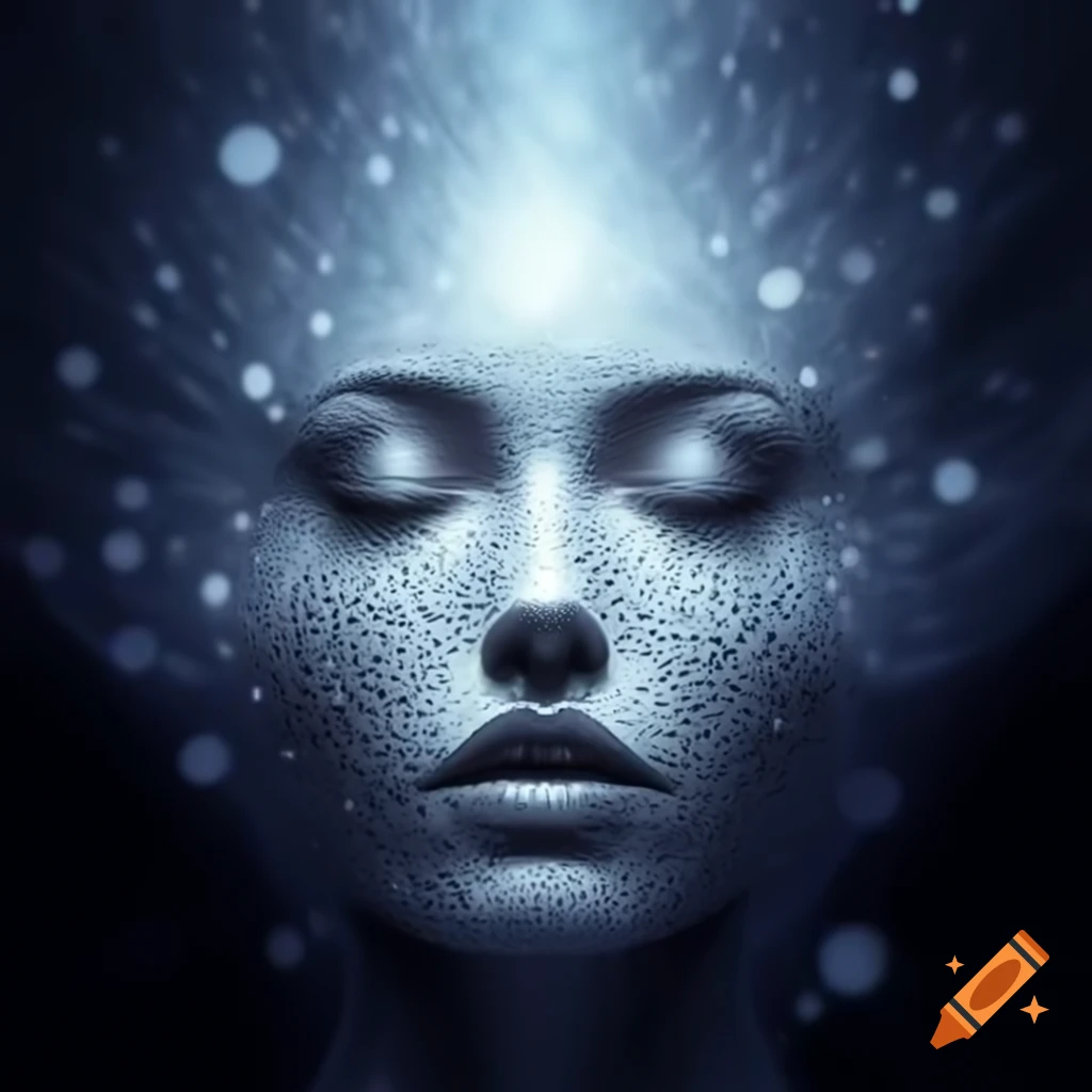 Ethereal portrait of a woman's face dissolving into light particles on ...