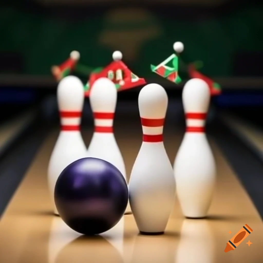 Cheerful bowling pin and ball wearing christmas hats for the holidays ...