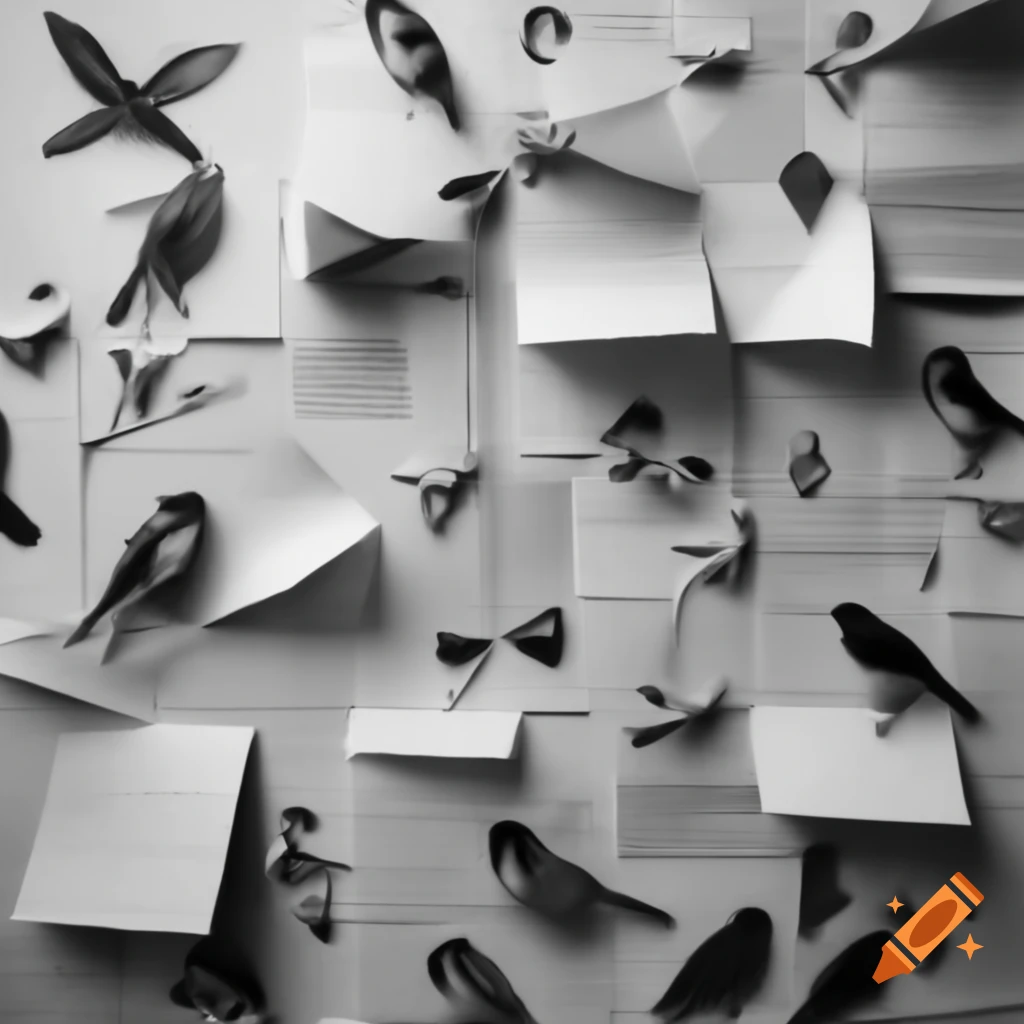 Monochrome paper collage featuring bird textures and alphabet on Craiyon