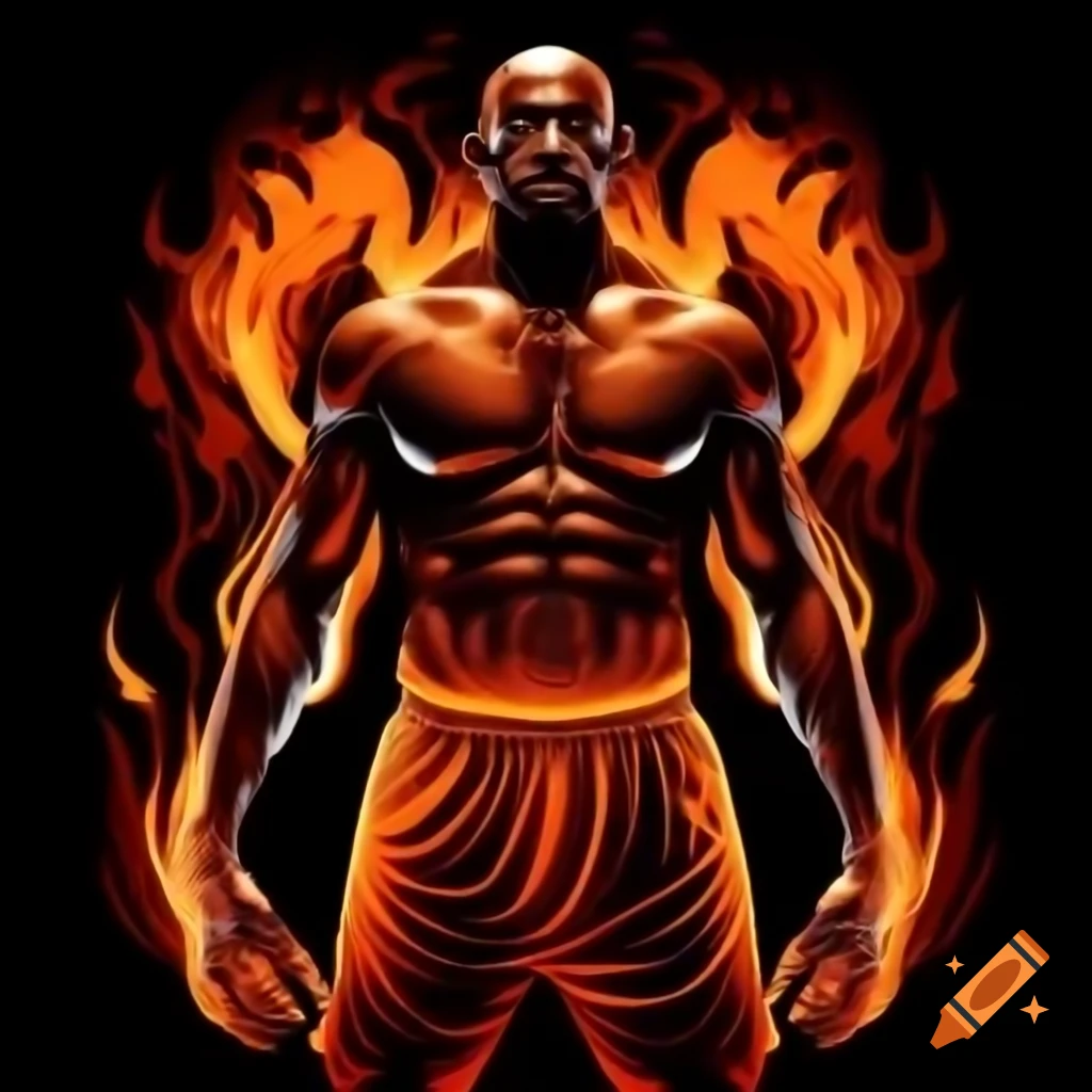 Fire demon with molten skin inspired by basketball player, muscular and ...
