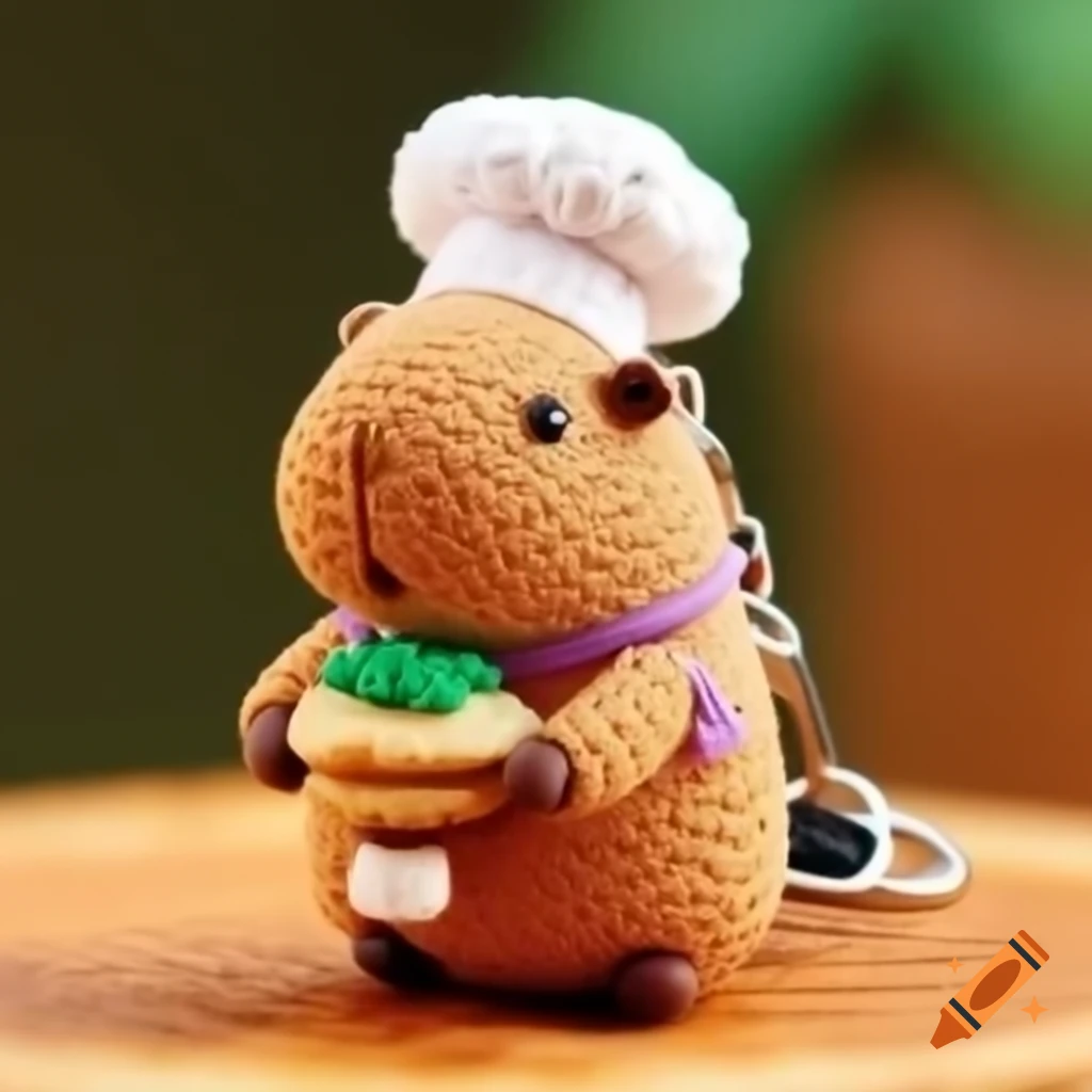 Kawaii crochet capybara keychain wearing chef hat, cooking pancakes on ...