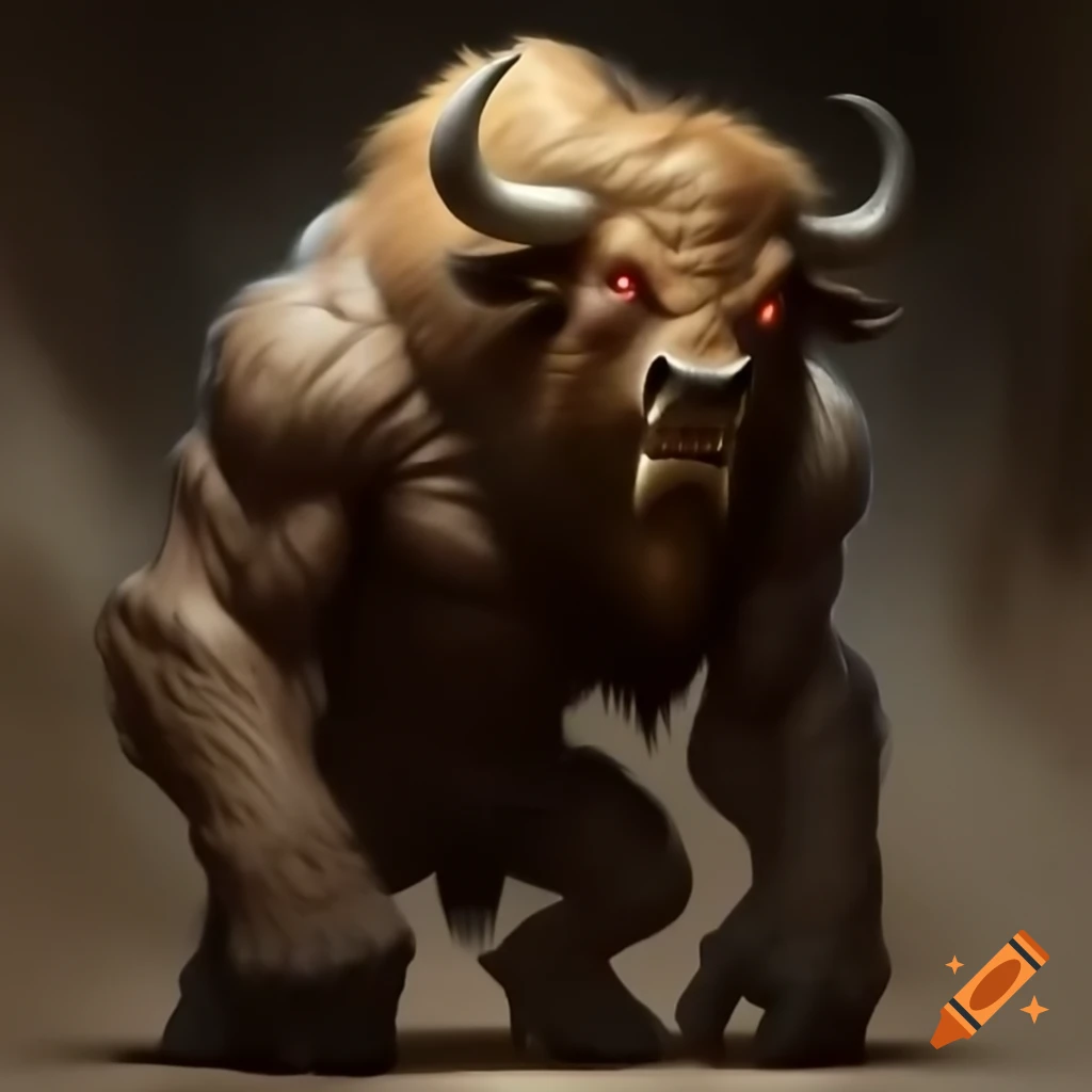 Mythical creature combining bison and minotaur features, showcasing ...