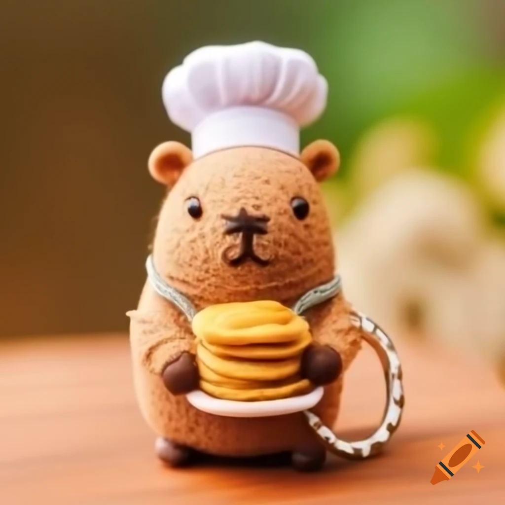 Kawaii crochet capybara keychain wearing chef hat, cooking pancakes on ...