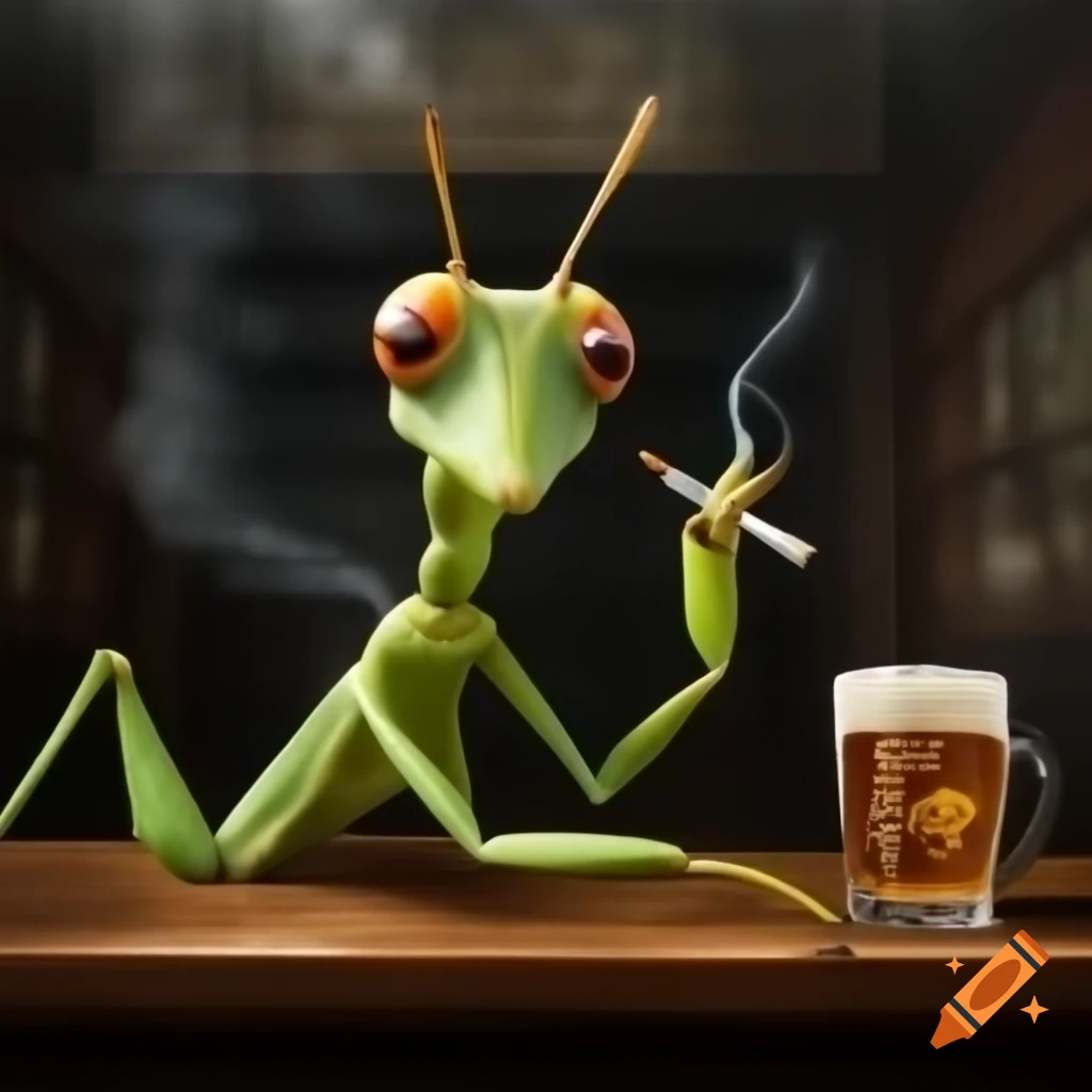 Angry mantis with dart and cigarette in front of bar with beer on Craiyon
