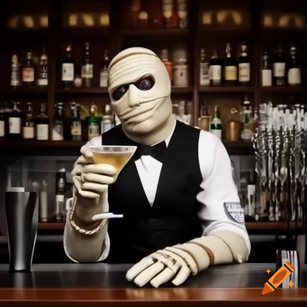 Mummy bartender shaking martini in waffle house with unique decor on ...