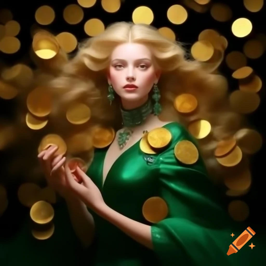 Ethereal queen fortuna revealing gold coins, adorned in emerald green ...