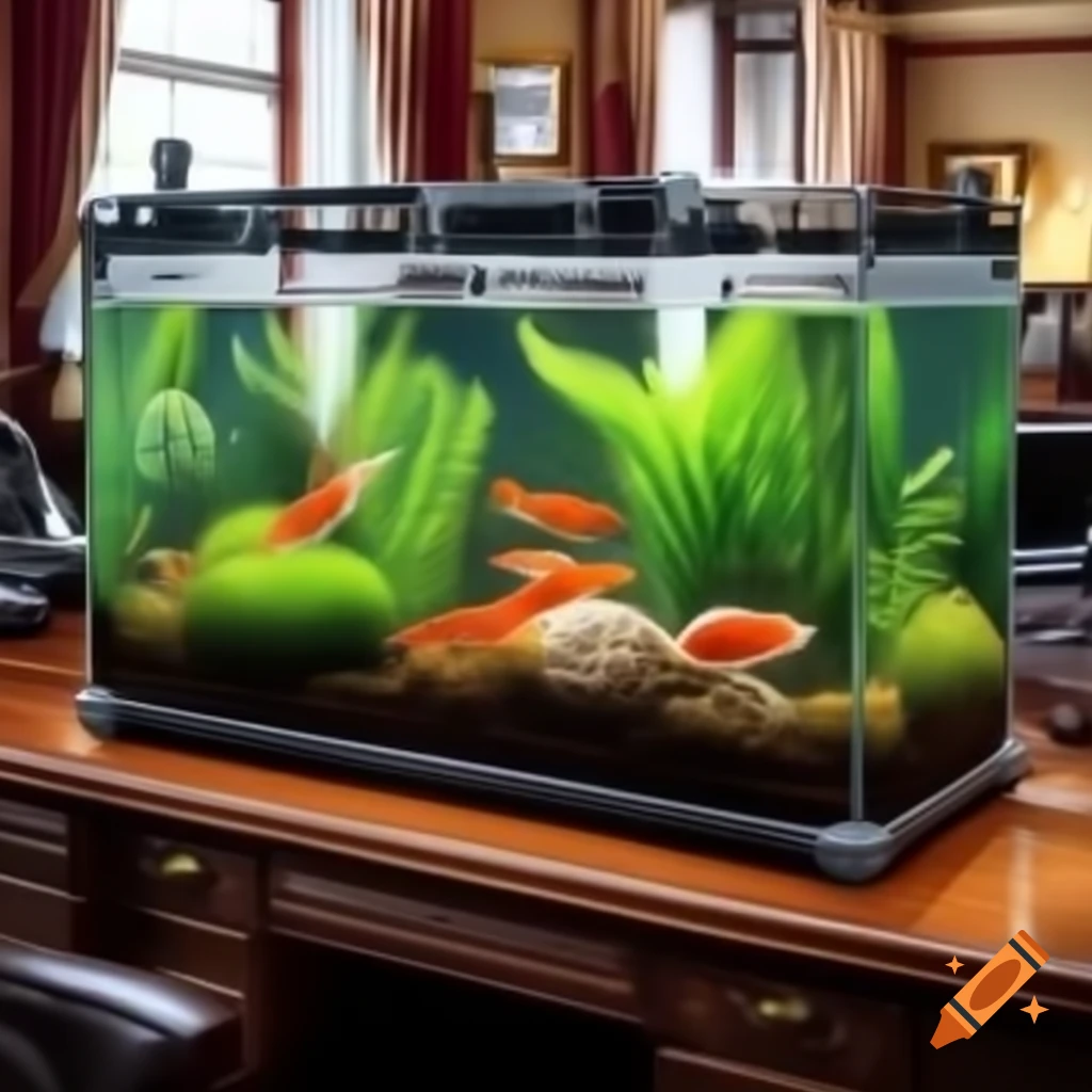 Rectangular aquarium in office with dwarf koi and cherry shrimp among ...