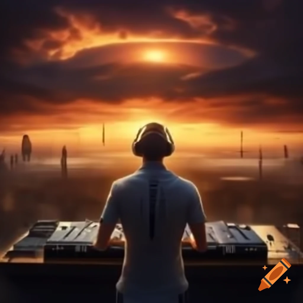 Rooftop bar at sunset with DJ overlooking alien landscape and heavenly ...