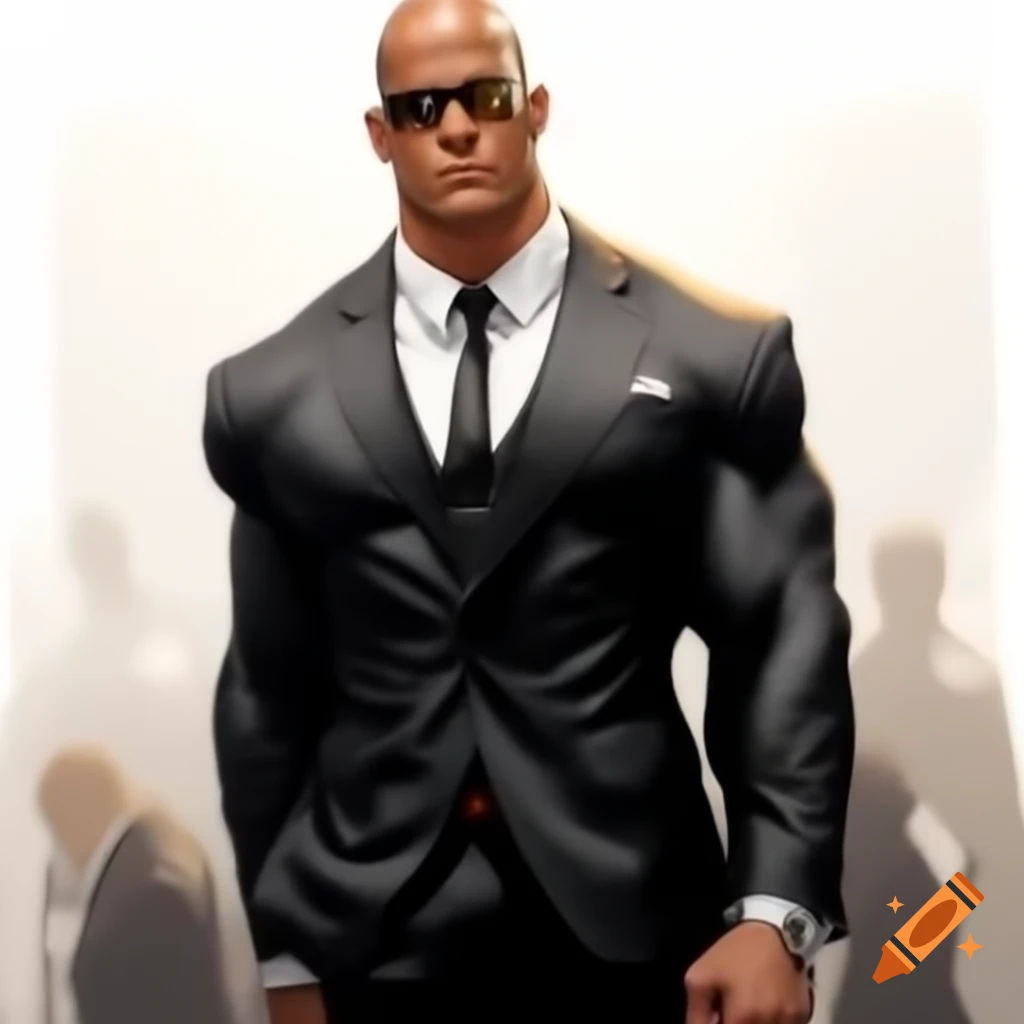 Muscular male bodyguard in black suit and sunglasses on Craiyon