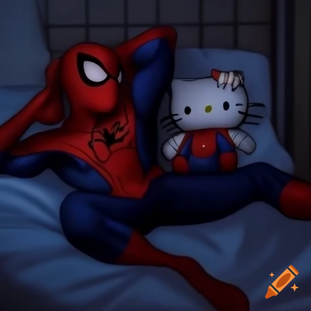 Spider-Man lying in bed contemplating a kiss with Hello Kitty on Craiyon
