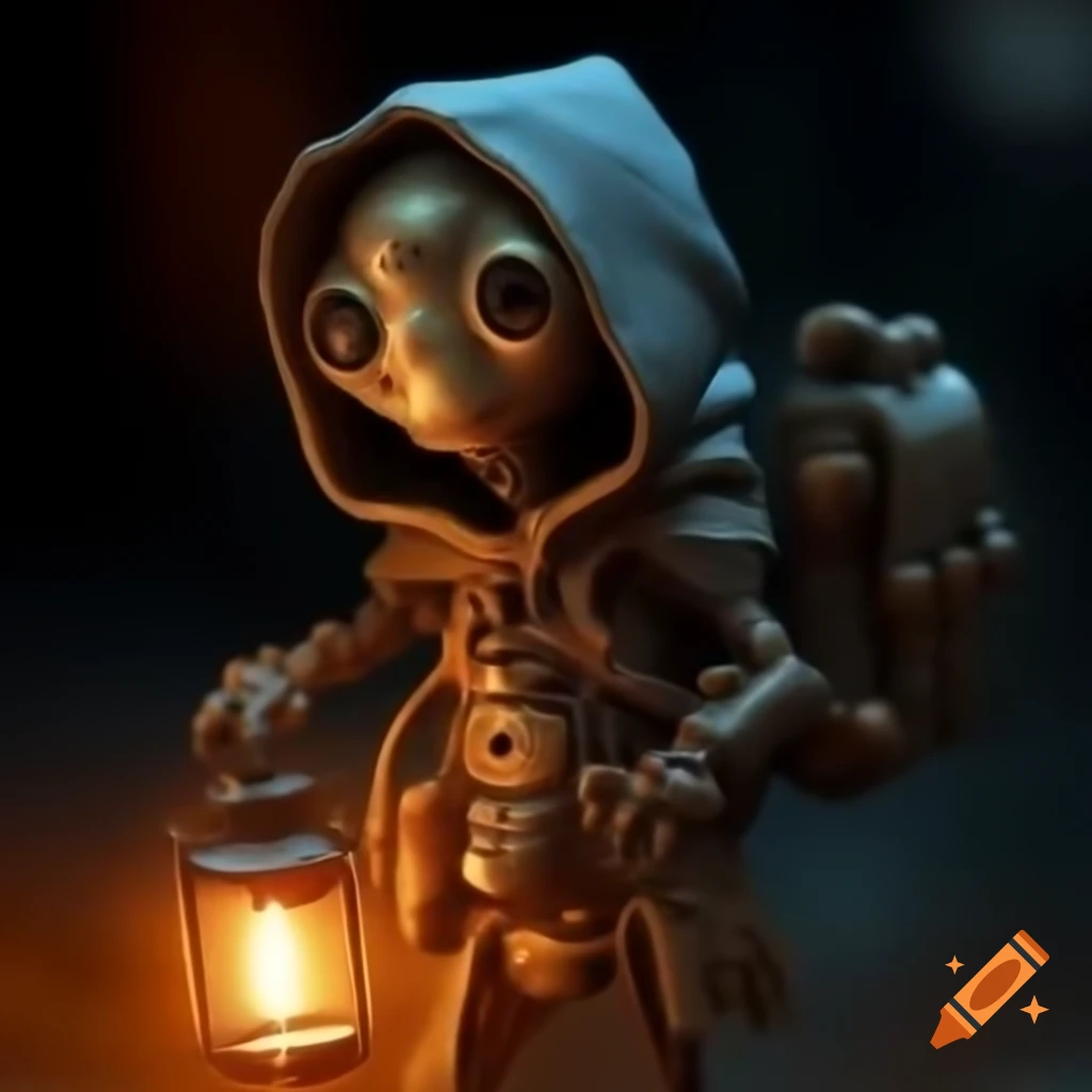 Clockwork creature with hooded lantern emitting red light on Craiyon