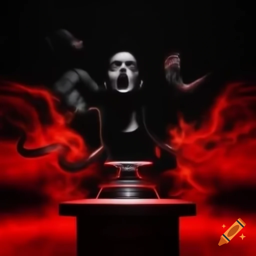 Dark dramatic portrait scene with shiny black and red podium on Craiyon