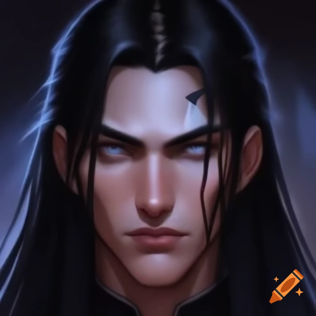 Portrait of a man with sharp features, long black hair, and intense ...