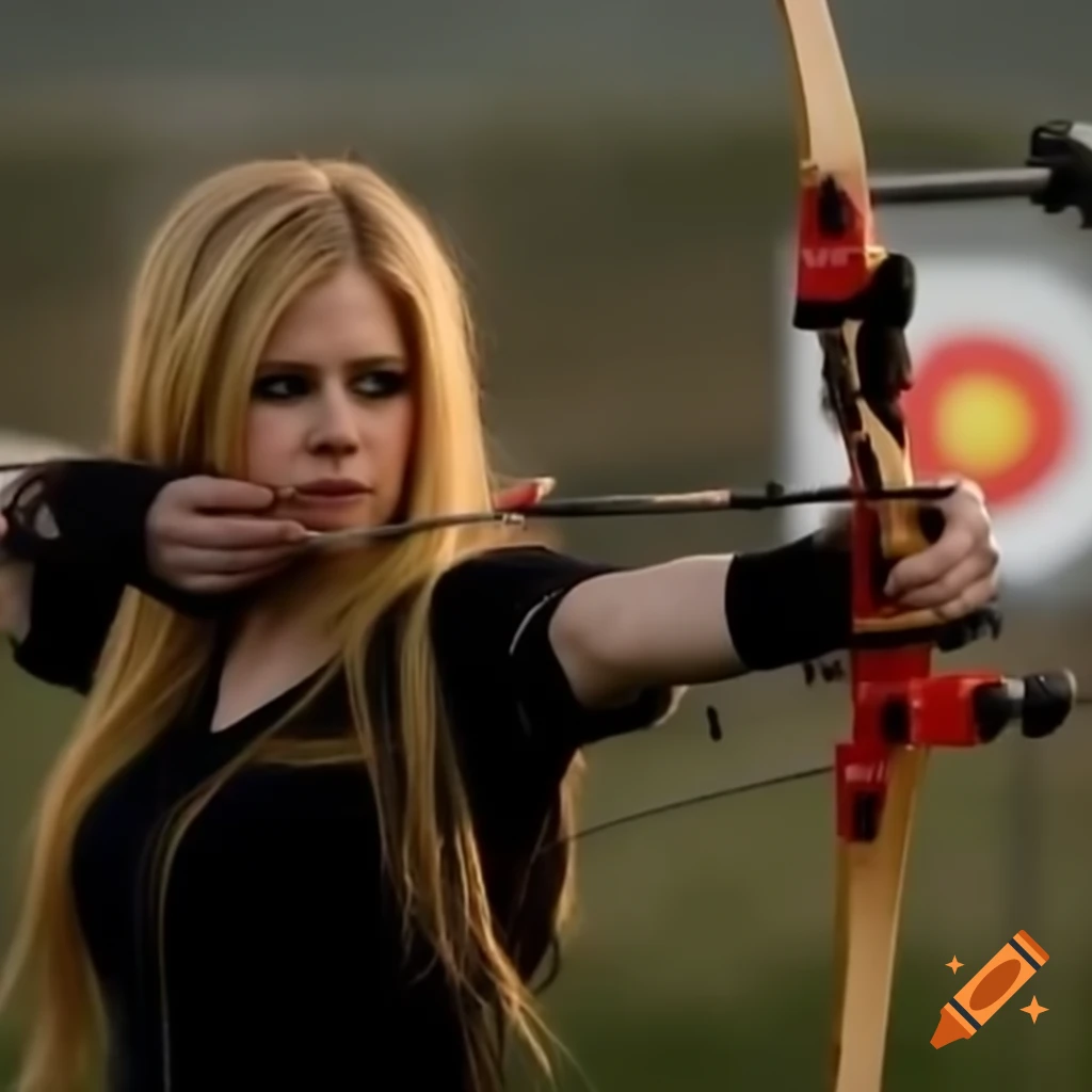 Avril Lavigne shooting archery at target in movie scene, back view on Craiyon