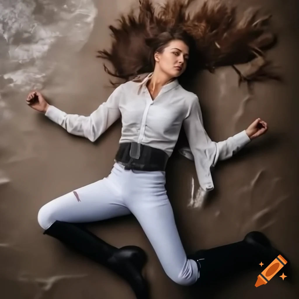 Elegant woman in riding attire with wavy hair and heart pose on Craiyon