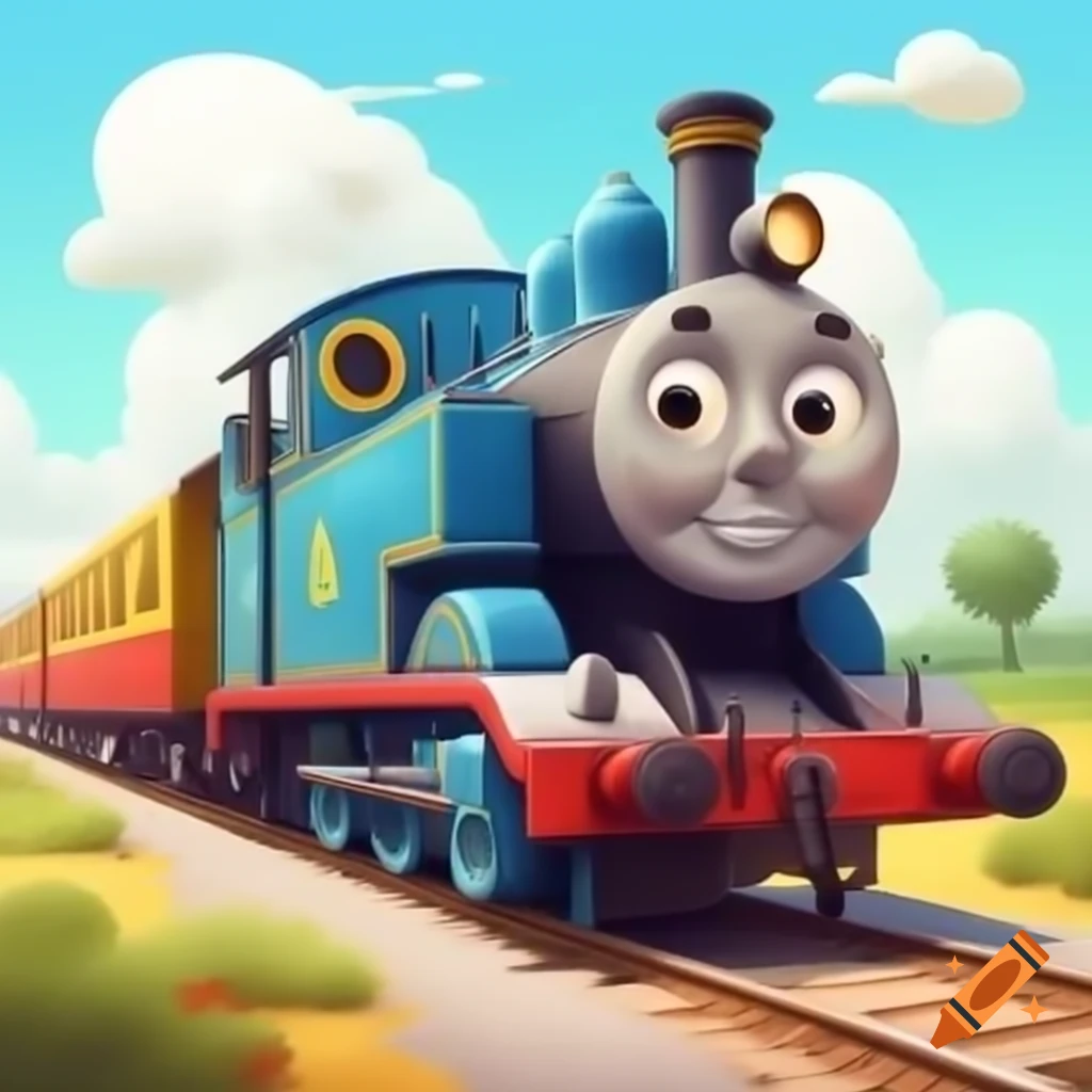 Cartoon train with smiling face, front view, no background on Craiyon