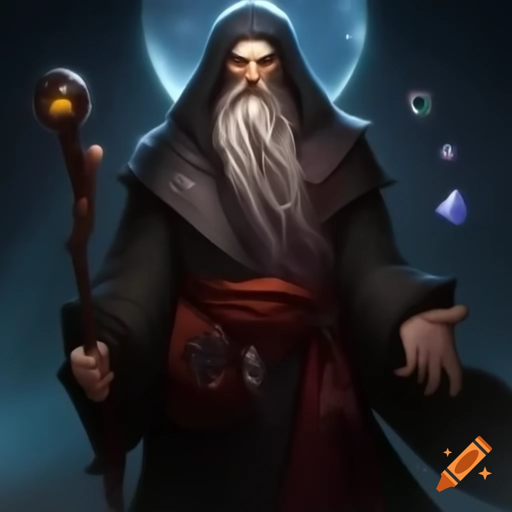 Astrologer in dark robe with arcane symbols and constellations under ...