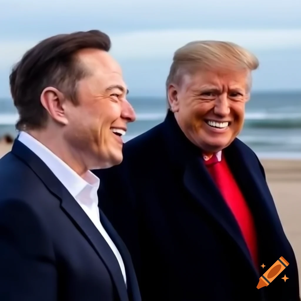 Elon Musk and Donald Trump smiling at each other on the beach on Craiyon
